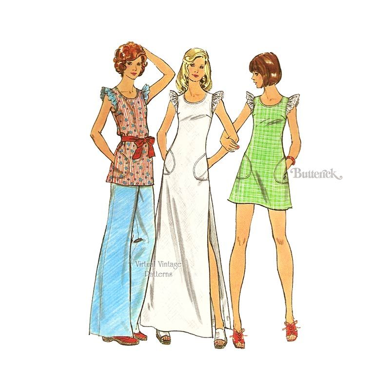 70s Boho Babydoll Dress Pattern, Butterick 3082, Long or Mini Dress ...