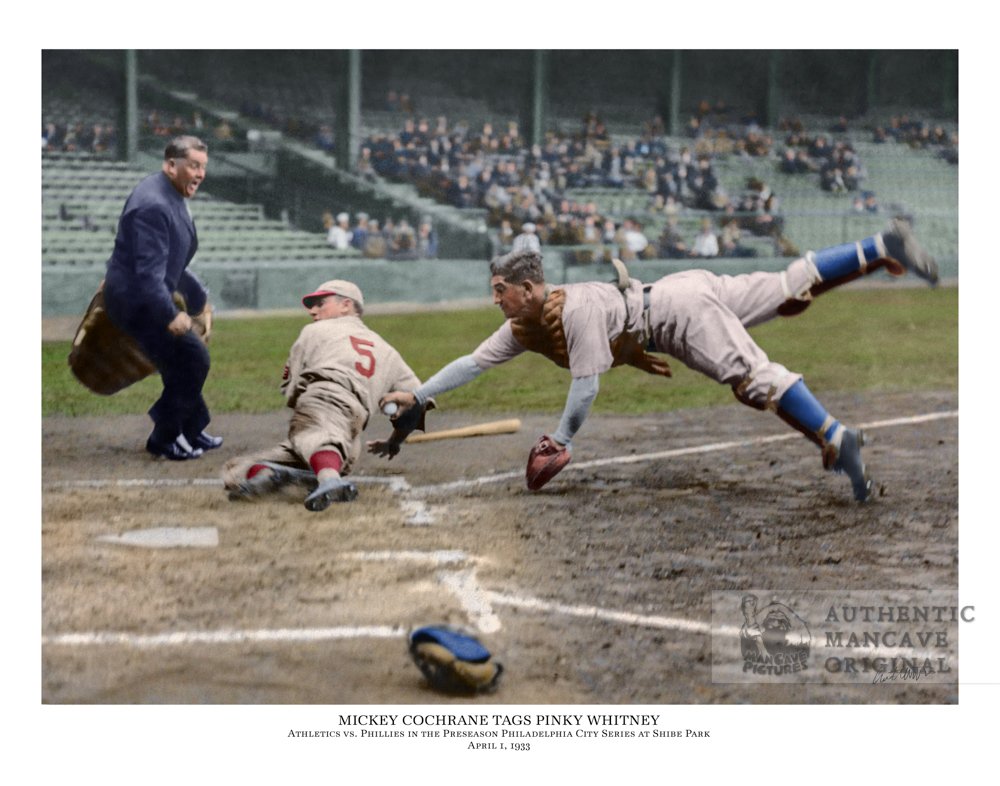 Mickey Cochrane (Philadelphia Athletics) tagging Pinky Whitney ...